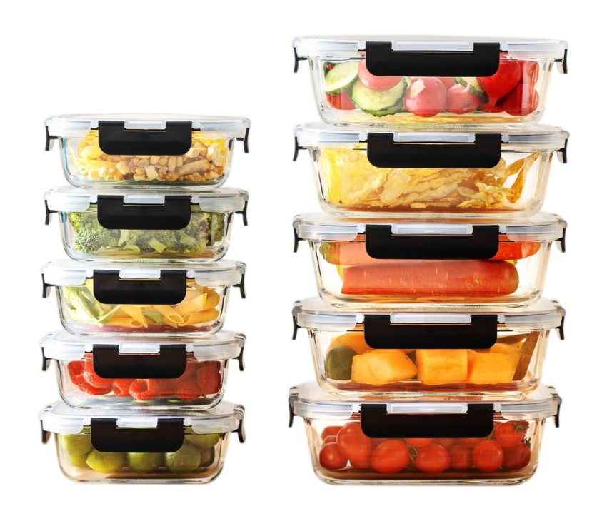 Glass Food Storage Containers with Snap Lock Lids | Set of 10 – Houszy