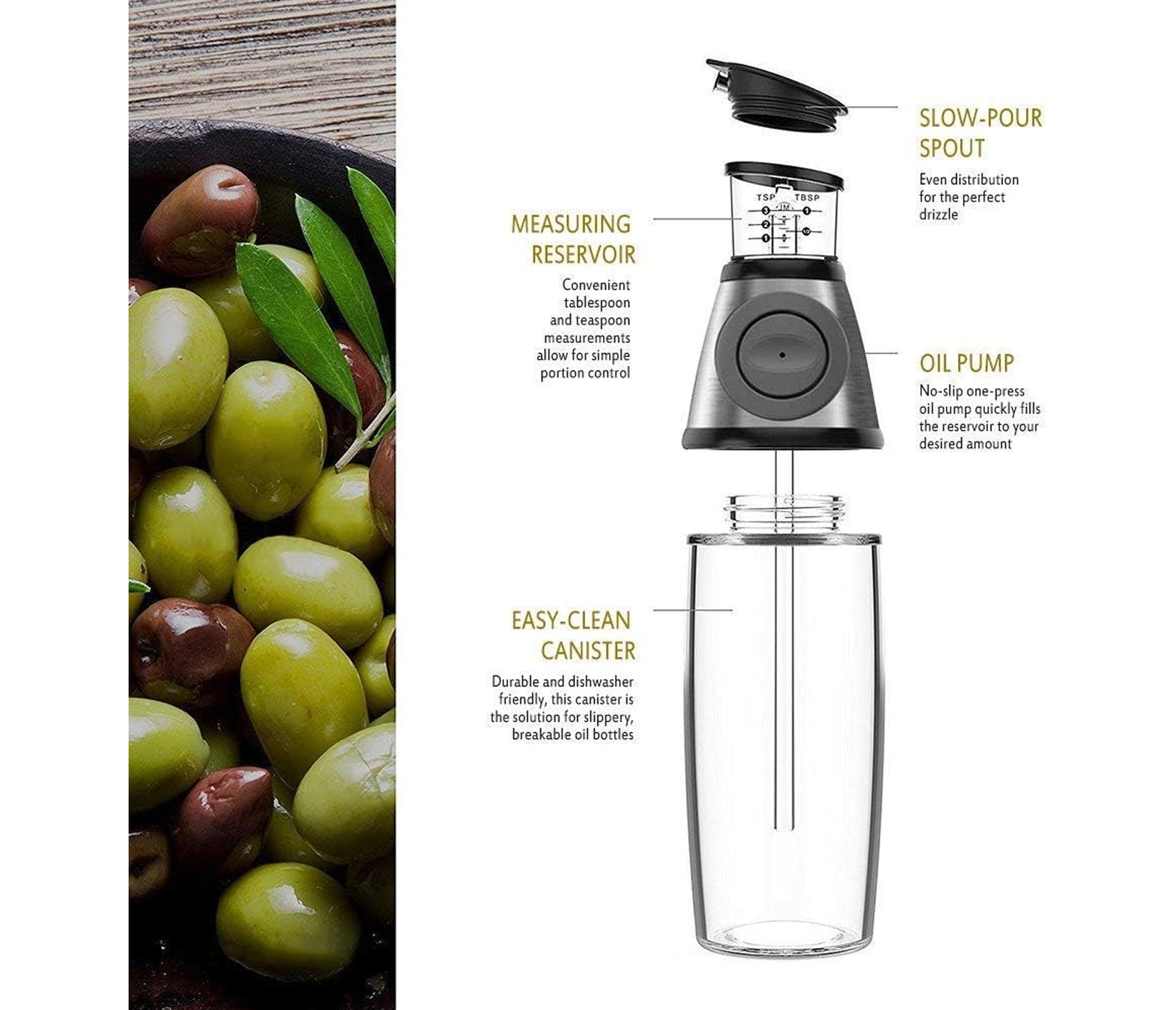 Glass Oil Dispenser Bottles with Dip-Free Spouts & Easy-Press Measurin ...